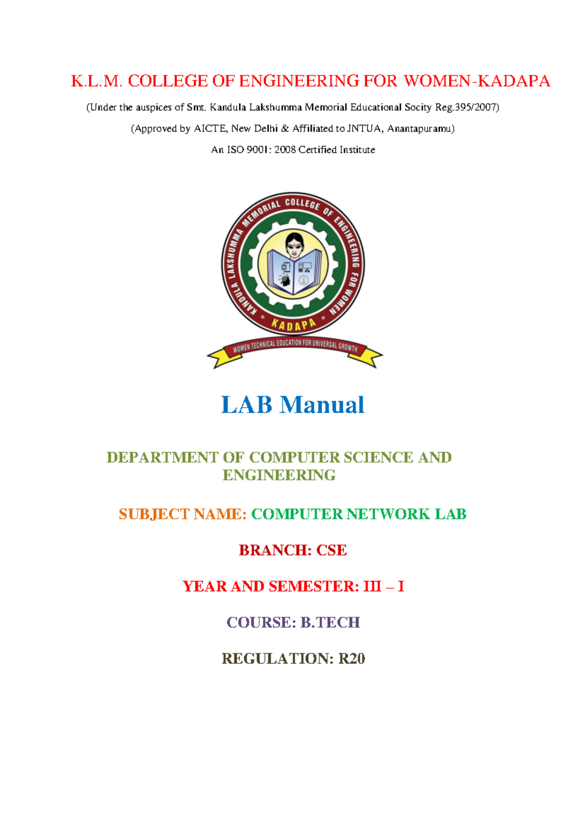 CSE 1st Year Computer Network Lab Manual (R20) - Experiments ...