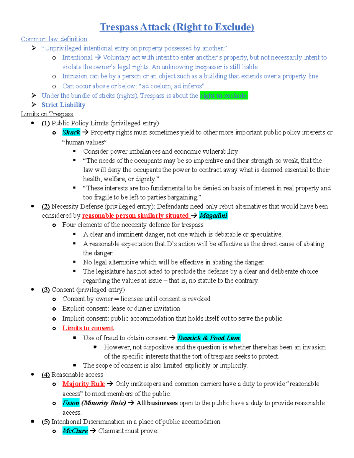 Property Attack Outline: Trespass, Rights, & Easements Overview - Studocu