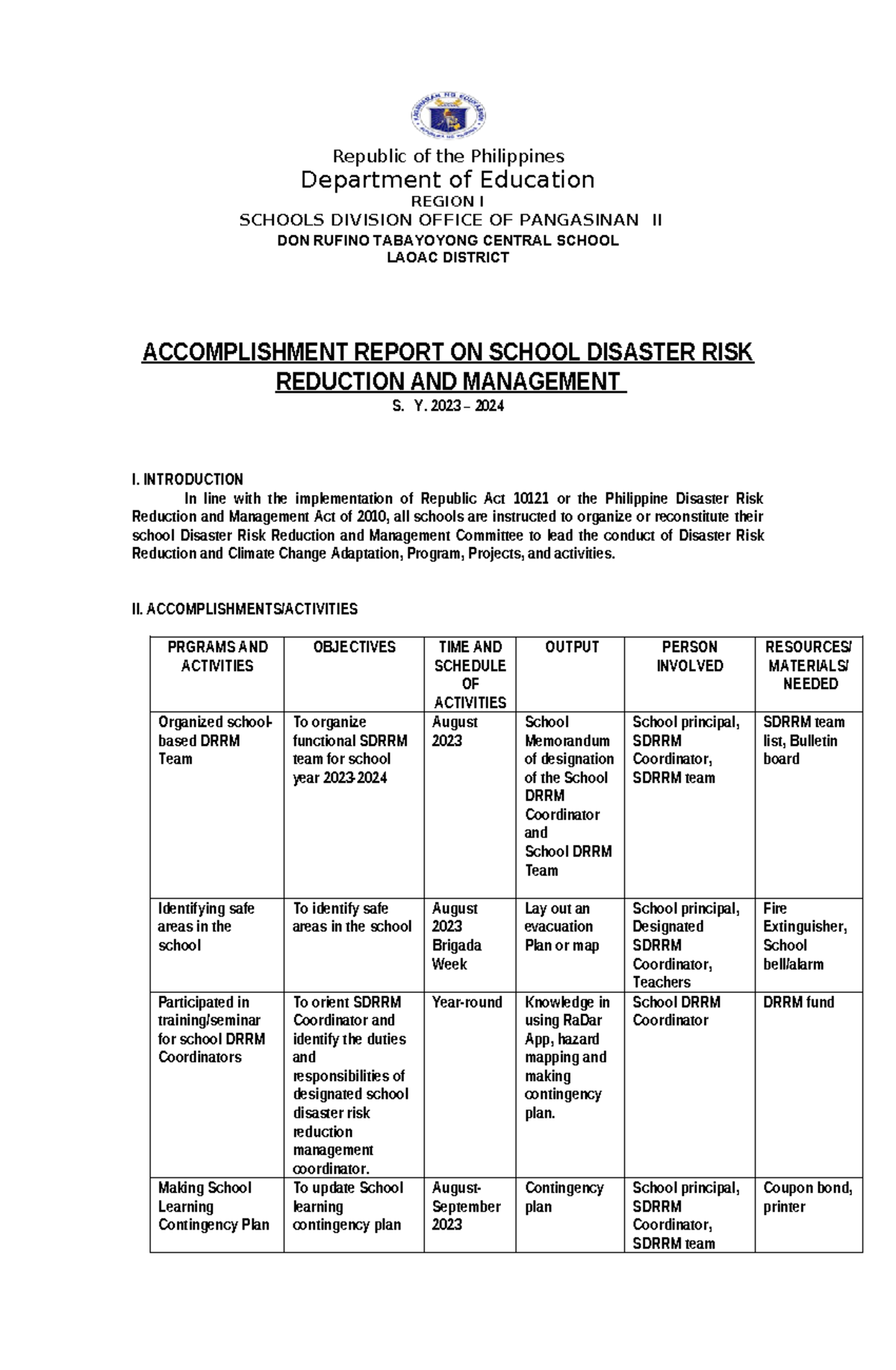 Accomplishment Report on School Disaster Risk Management 2023-2024 ...