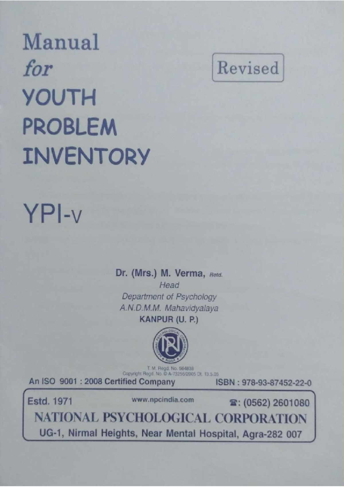 Revised Manual for Youth Problem Inventory (YPI) - Studocu
