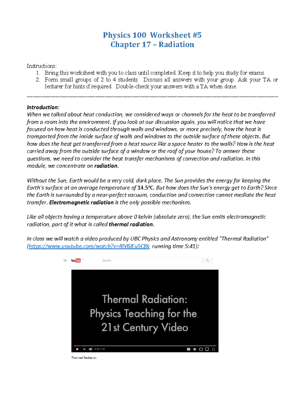 Physics 100 Worksheet Chapter 17: Radiation Climate Solutions - Studocu
