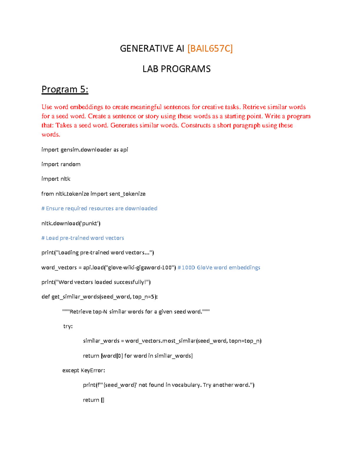 Gen AI Lab Program 5: Creating sentences with word embeddings - Studocu