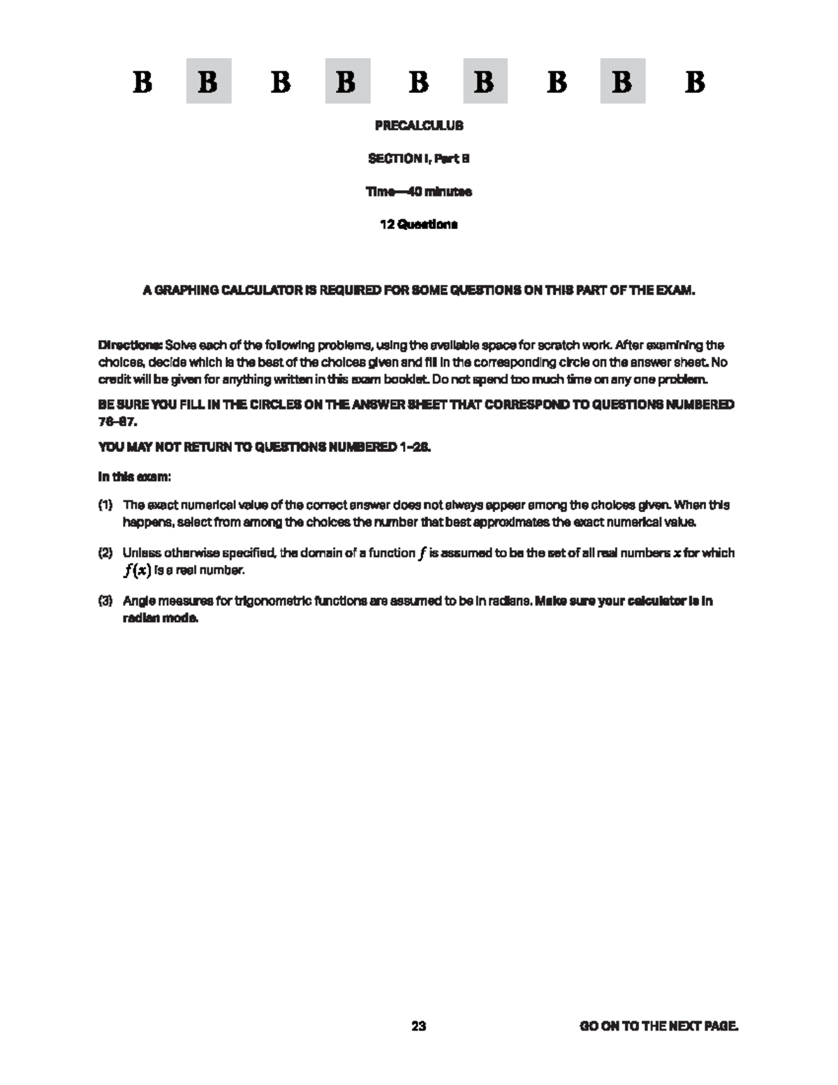 PE MCQ Section B - Precalculus Exam Questions and Graphing Analysis ...