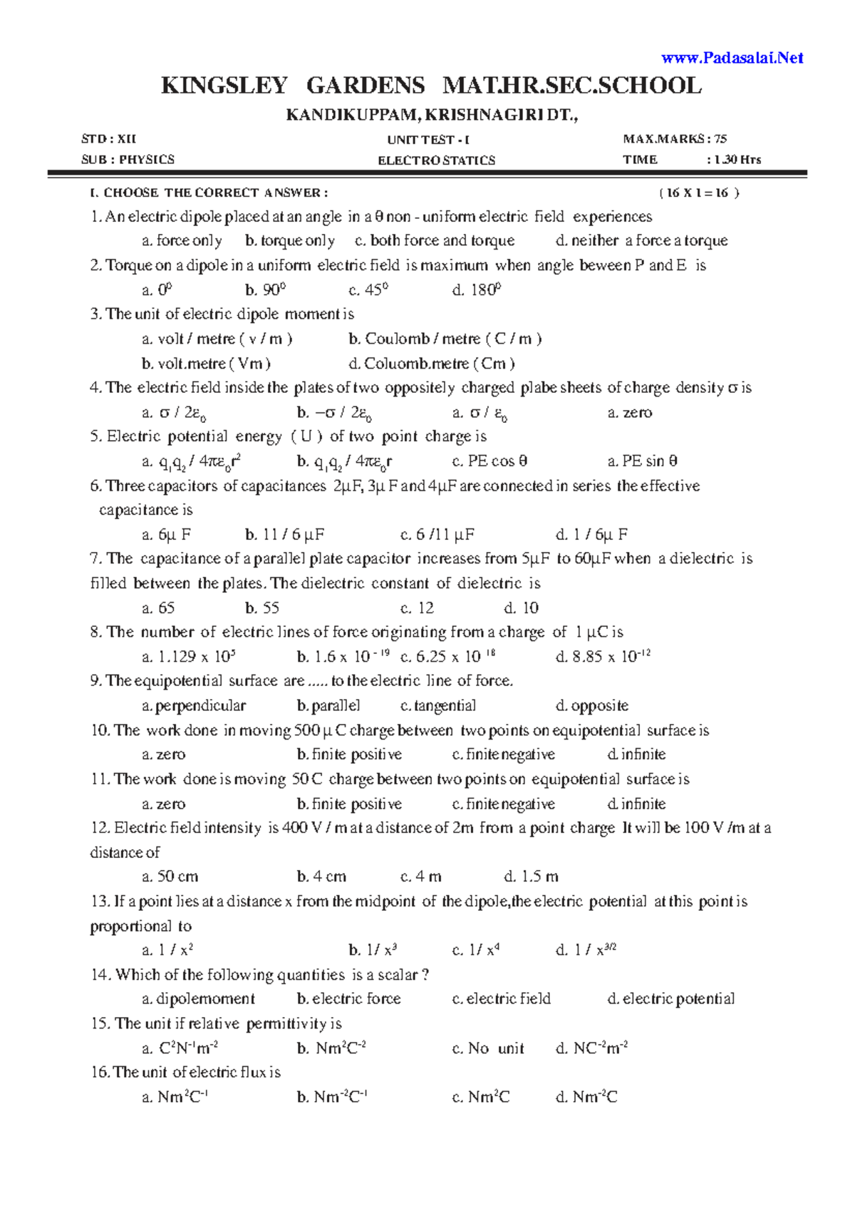 Unit Test I: Physics - Electrostatics & Electric Current (STD XII ...