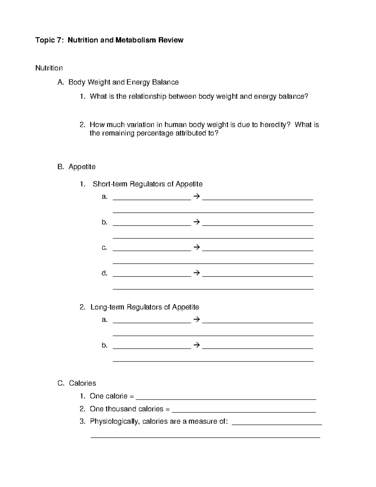 APII Topic 7: Nutrition & Metabolism Review Worksheet - Studocu