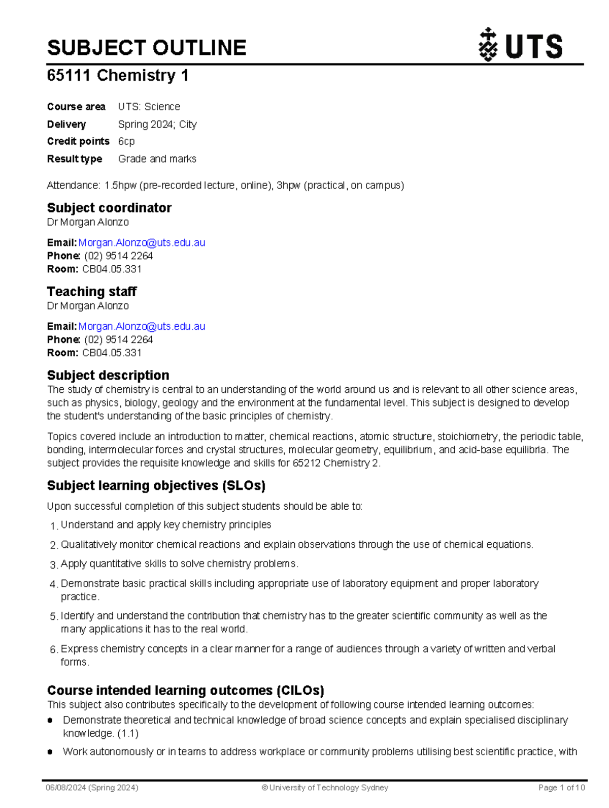CHEM 1 - Subject Outline for Spring 2024 at UTS - Studocu