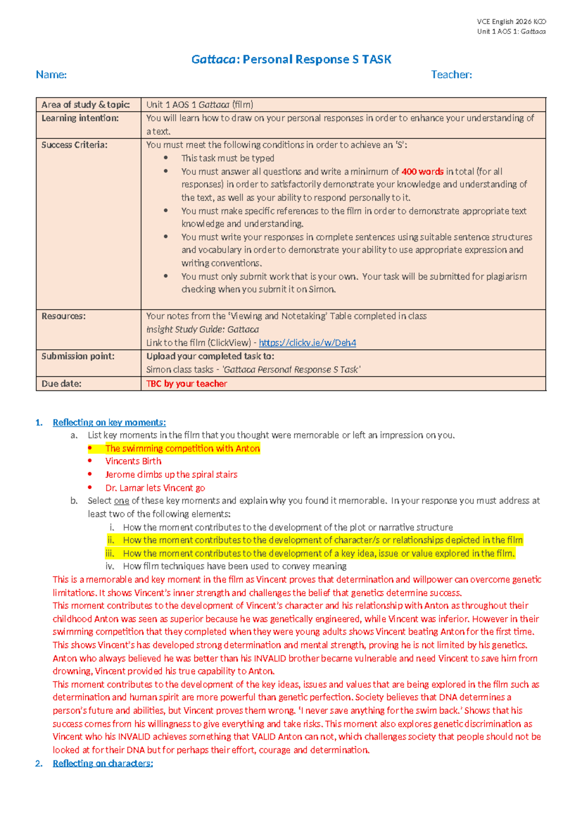 VCE English 2026 KCO Unit 1 AOS 1: Gattaca Personal Response Task - Studocu