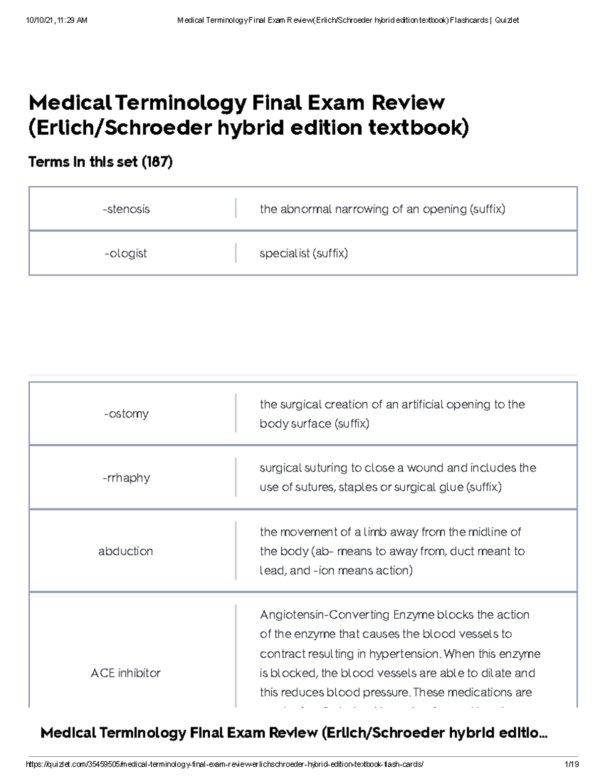 Medical Terminology Final Exam Review (Erlich/Schroeder Edition) - Studocu