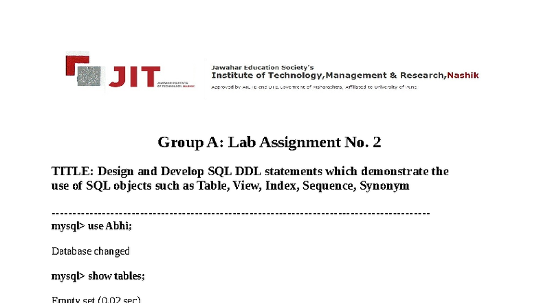 DBMS Lab Manual 1: SQL DDL & DML Statements Practice - Studocu
