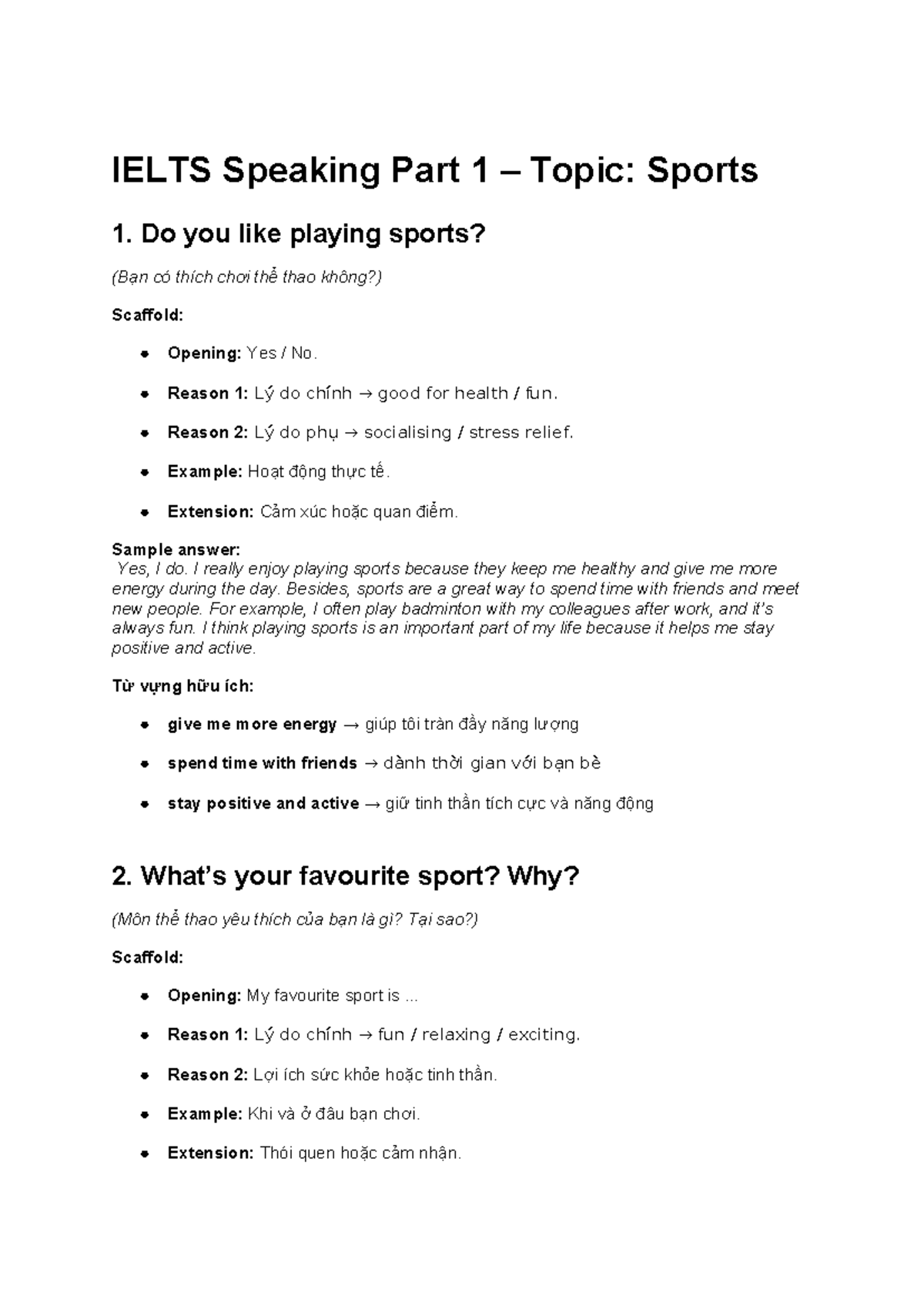 IELTS Speaking Part 1 – Sports Topic Guide - Studocu