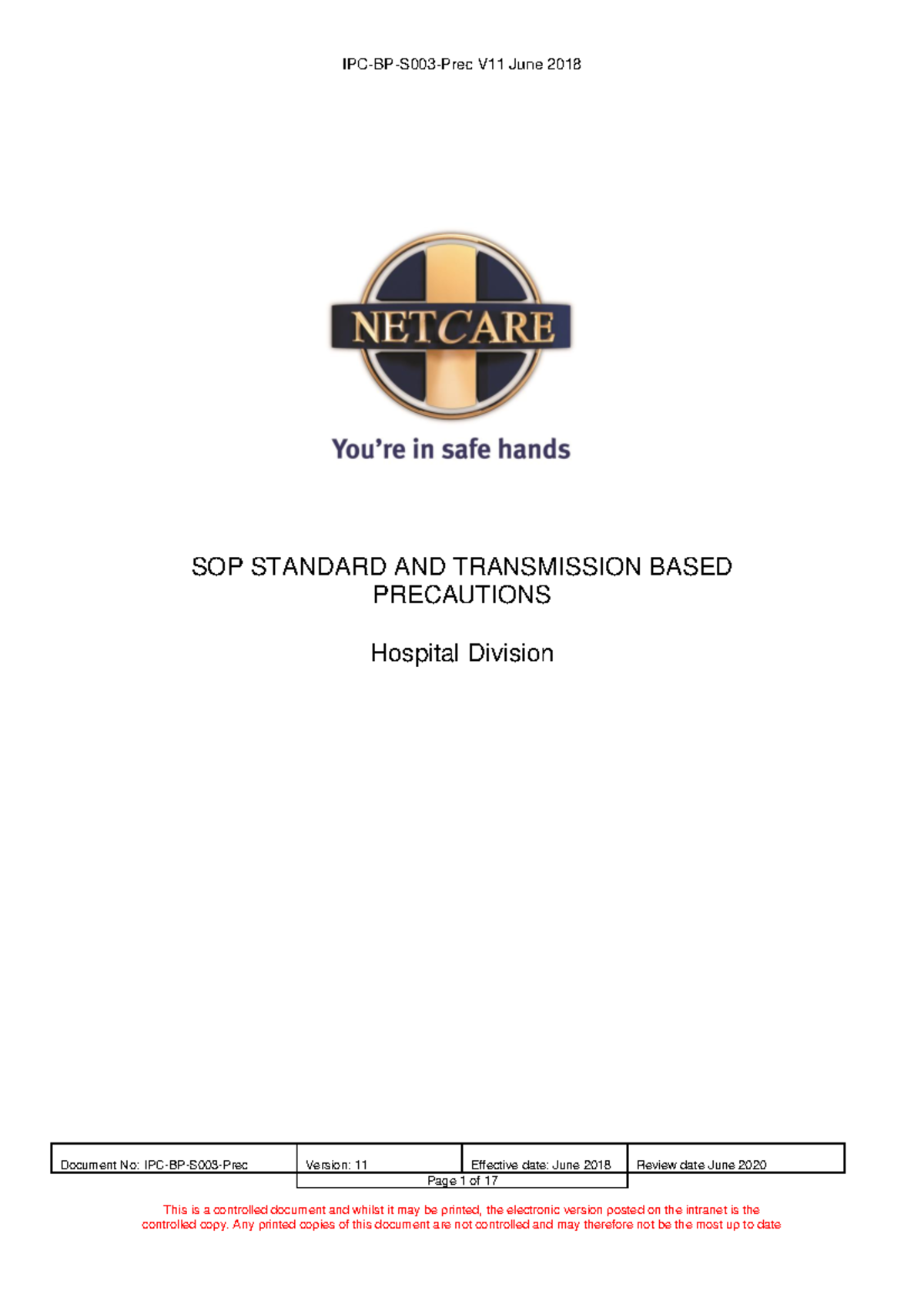 SOP IPC-BP-S003-Prec V11: Standard & Transmission-Based Precautions ...