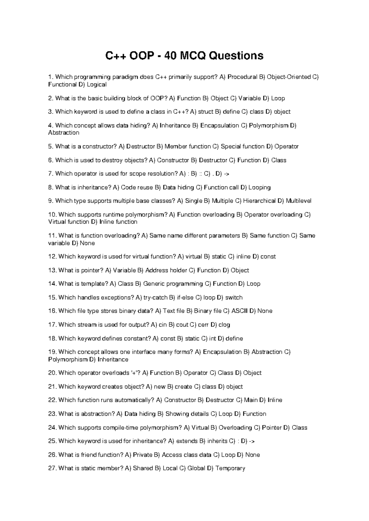 OOP 40 MCQ Questions for Effective Study Preparation - Studocu