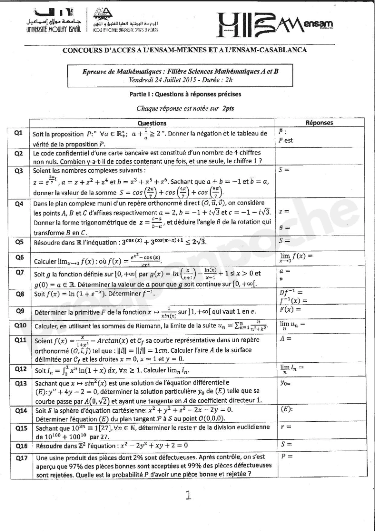 Exemple Concours Math ENSA 2023 - Questions et Solutions - Studocu