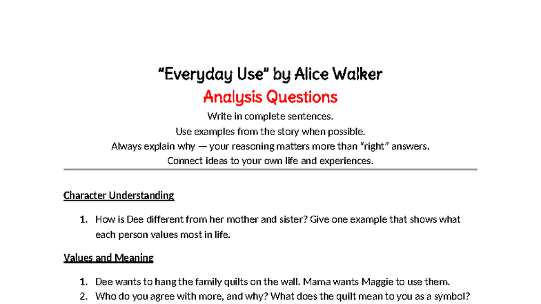 Everyday Use (ENG 101) - Analysis Questions and Insights - Studocu