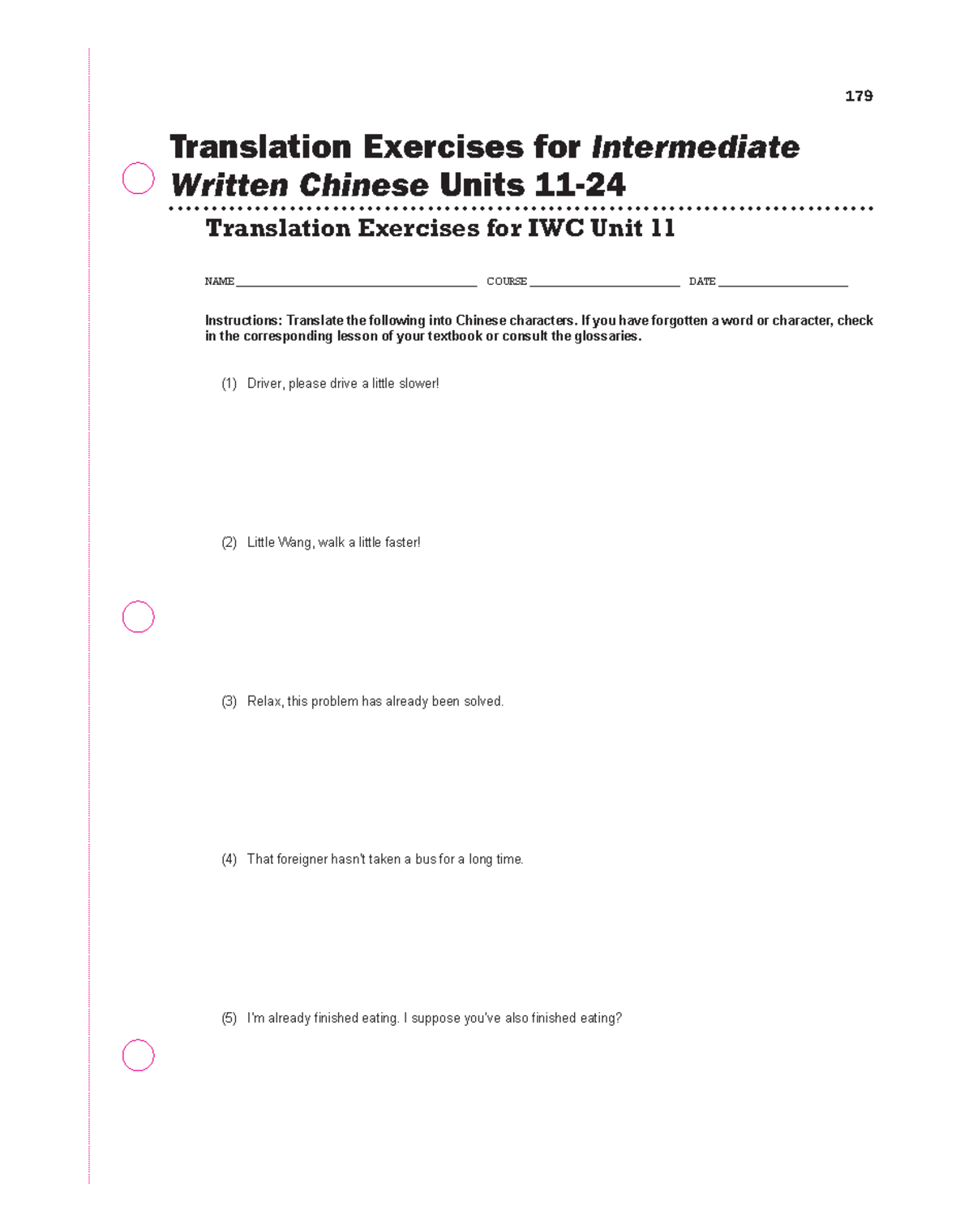 Translation Exercises for IWC: Intermediate Chinese Units 11-20 - Studocu