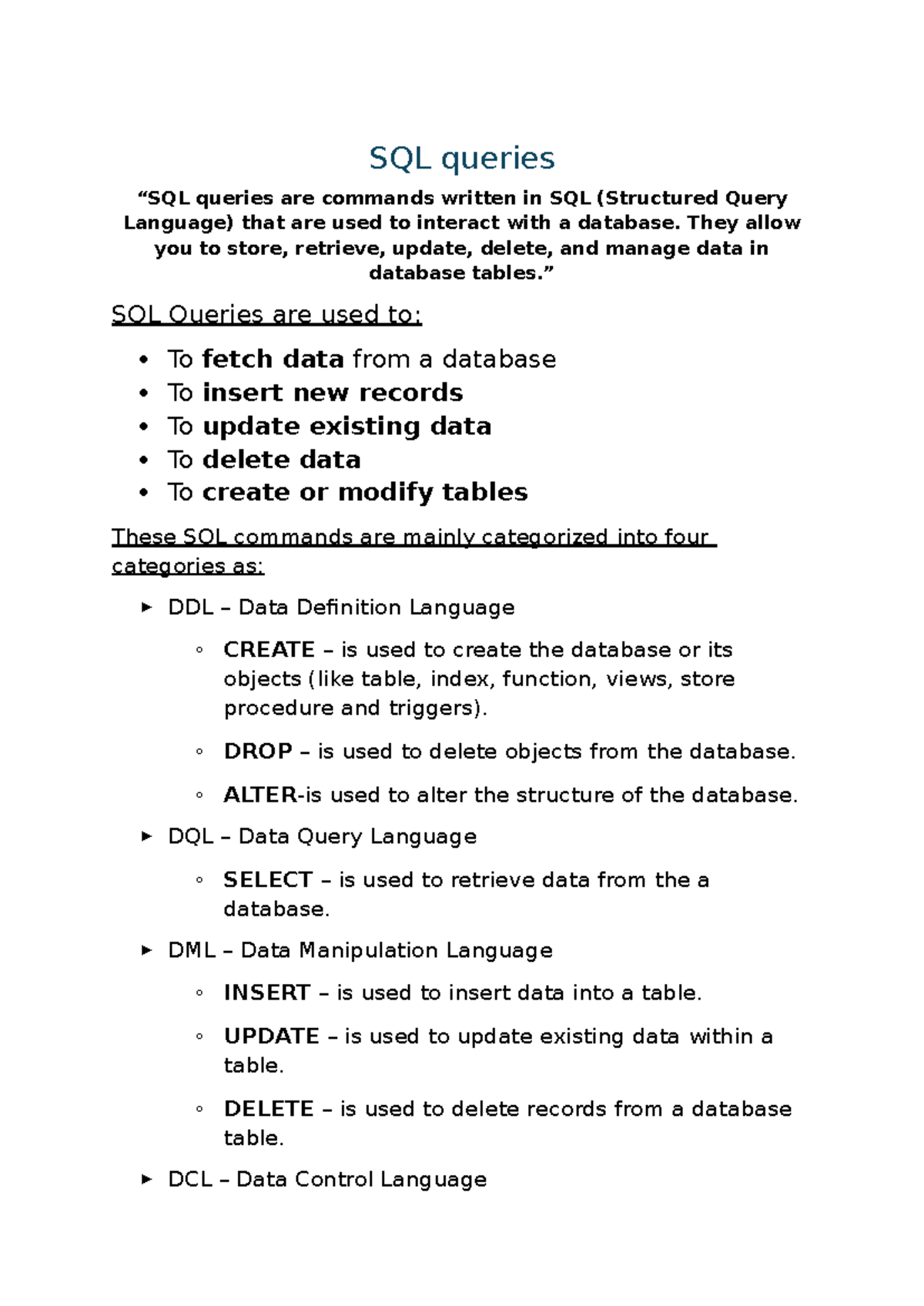 SQL Queries Overview and Examples - ASDAS - Studocu