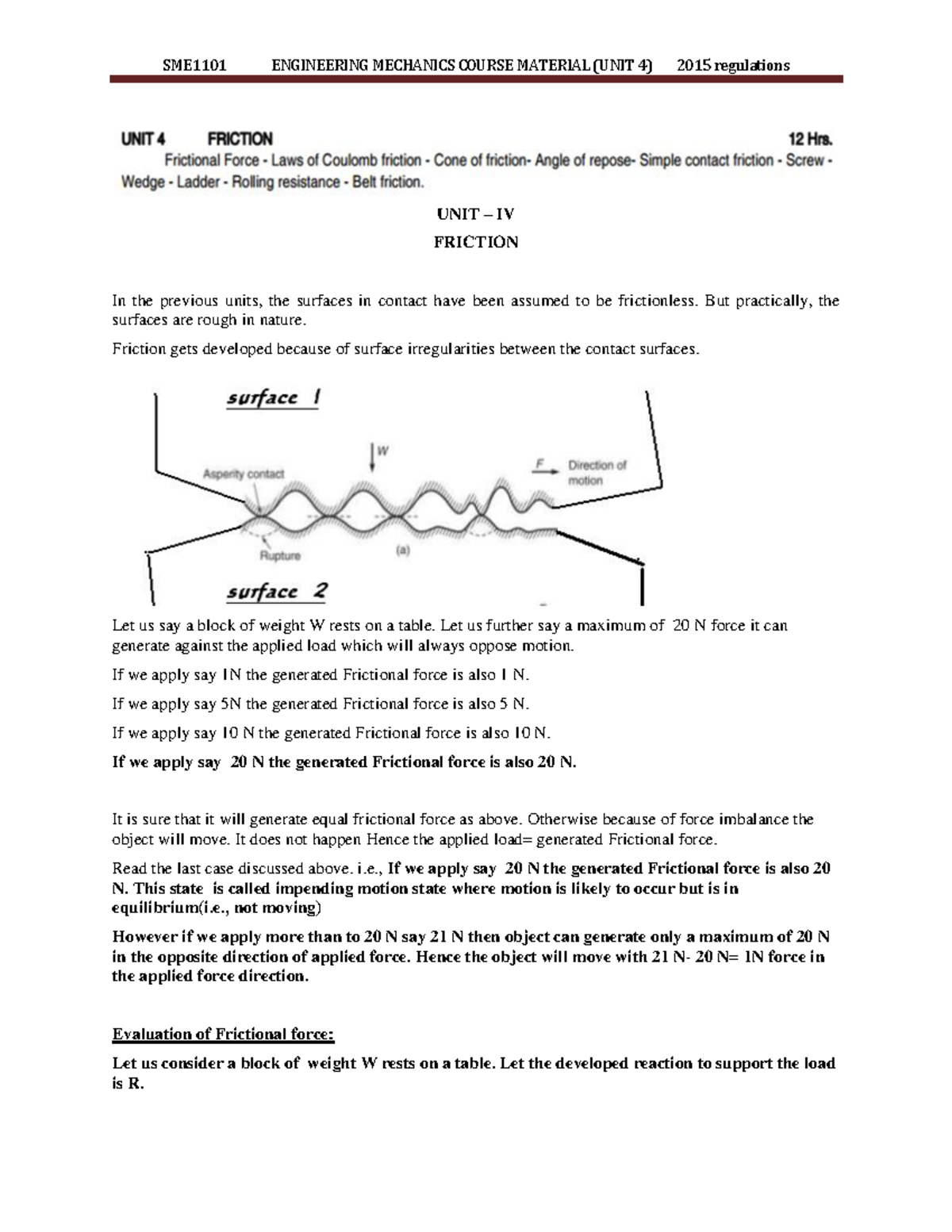 SME1101 Engineering Mechanics Course Material (Unit 4) - Friction ...