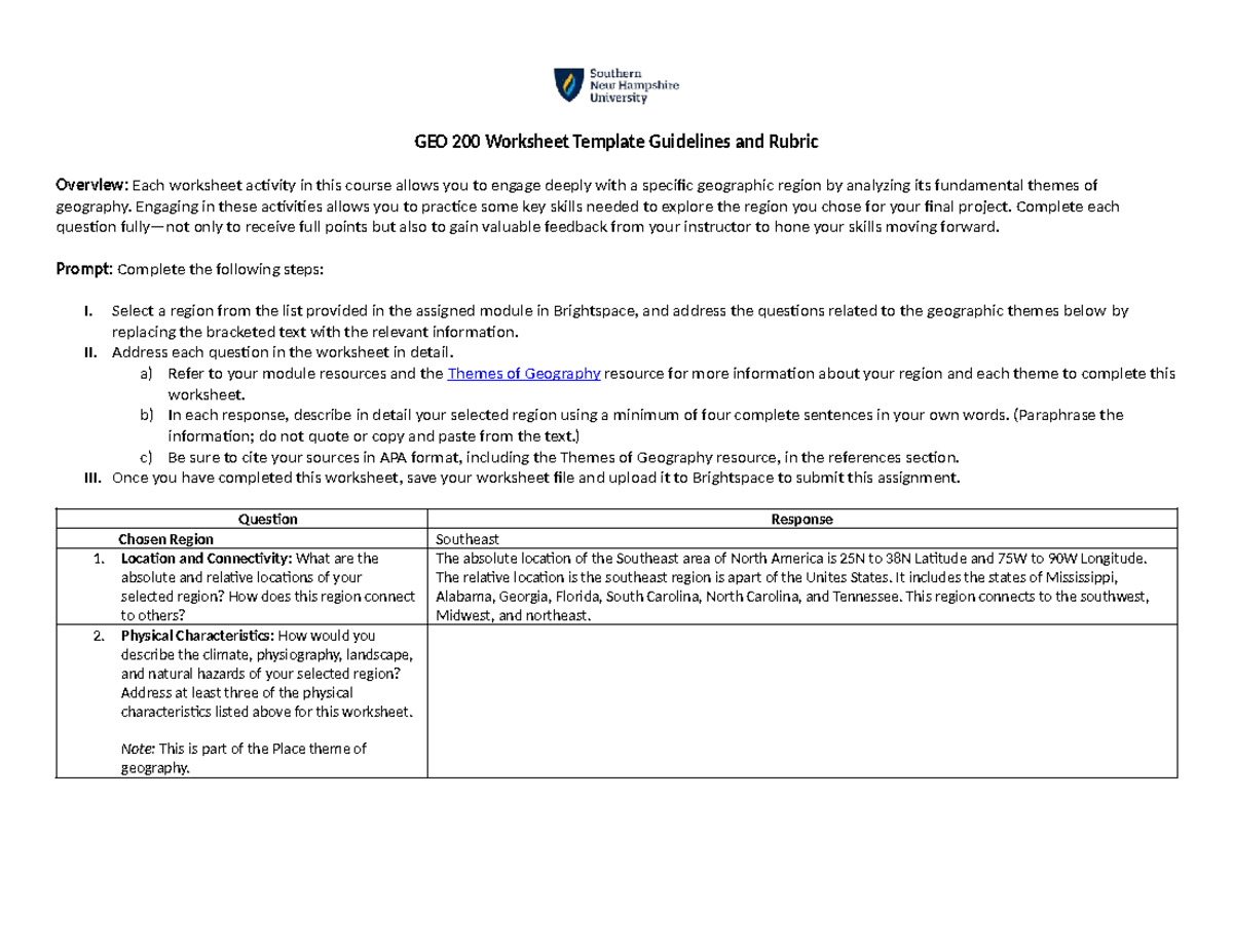 GEO 200 Worksheet 1 - Guidelines for Geographic Region Analysis - Studocu