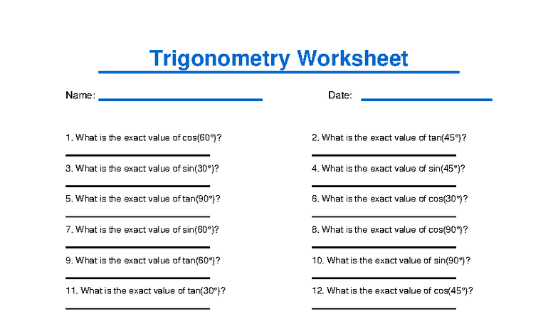 Trigonometry Worksheet 10: Exact Values & Problem Solving - Studocu