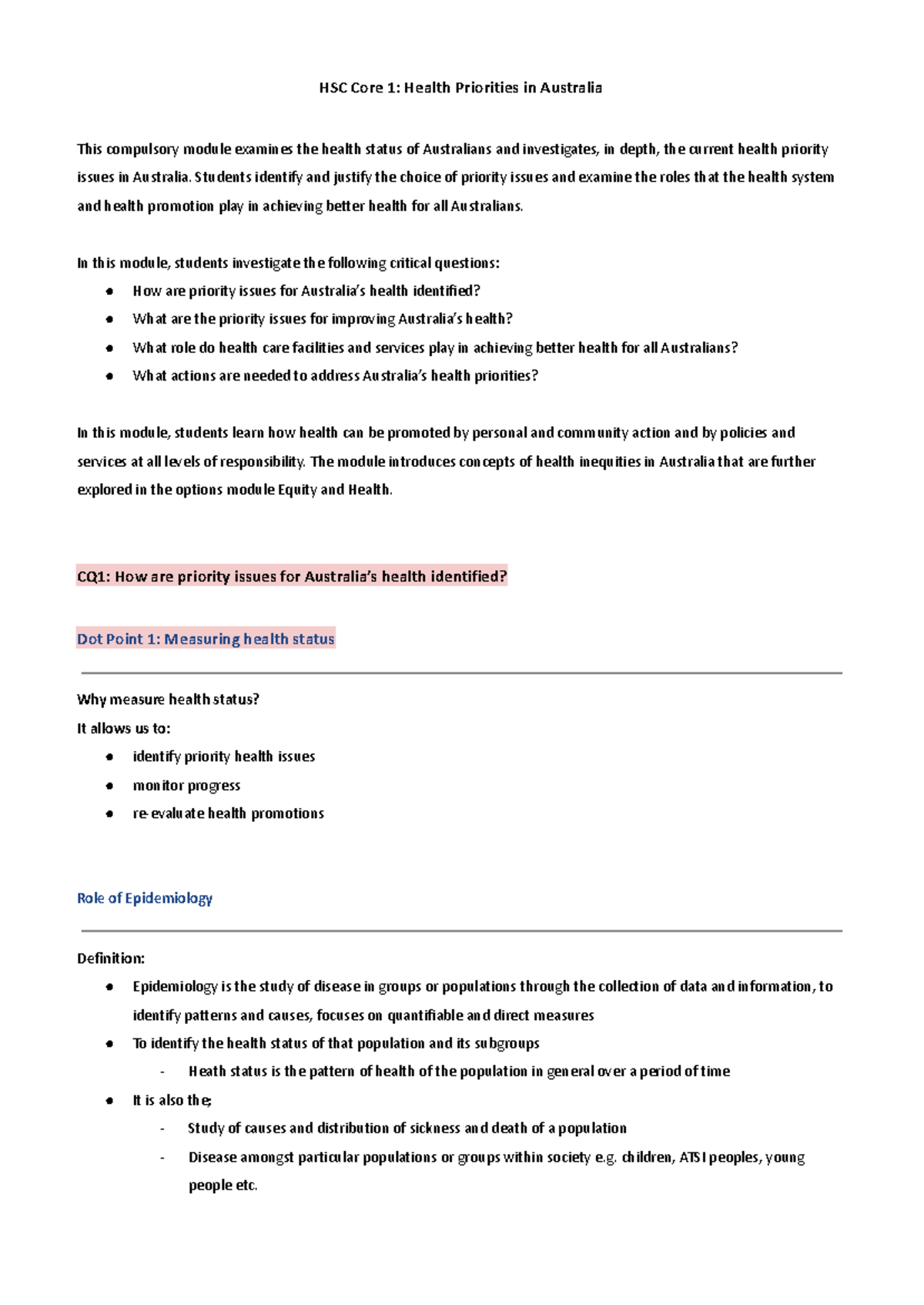 Pdhpe HSC Core 1: Health Priorities in Australia - Study Notes - Studocu
