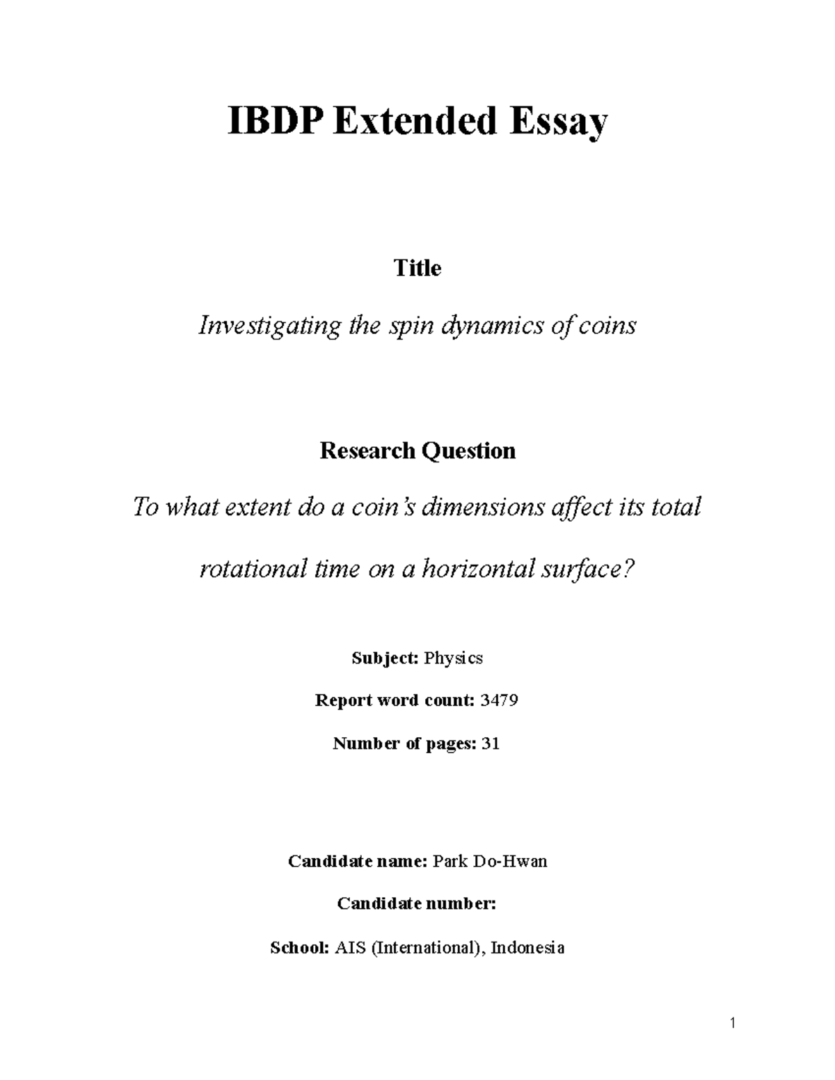 IBDP Physics Extended Essay: Investigating Coin Spin Dynamics - Studocu