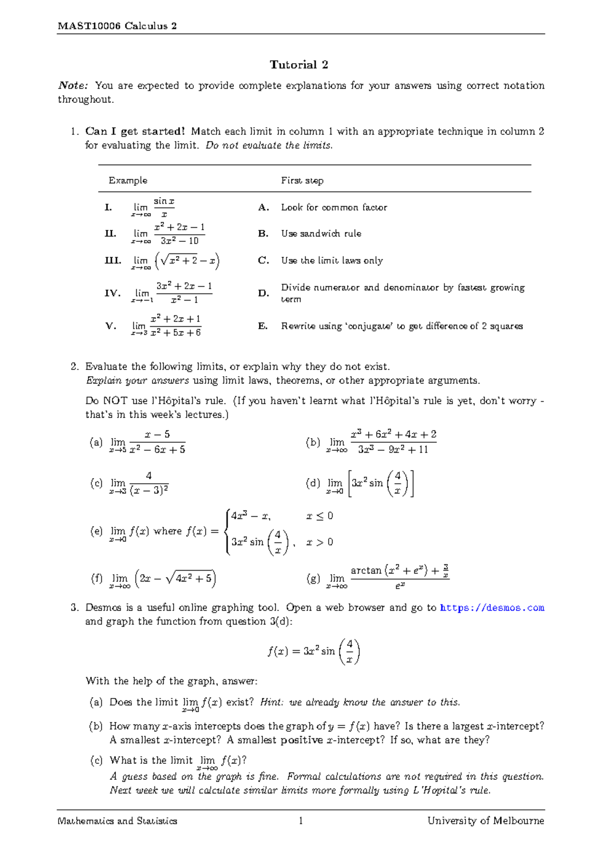 MAST10006 Calculus 2 Week 2 Tutorial Questions & Solutions - Studocu
