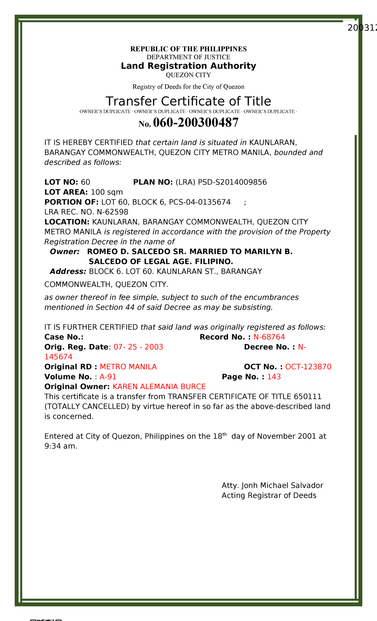 423376833 TCT Transfer Certificate of Title Document - Studocu