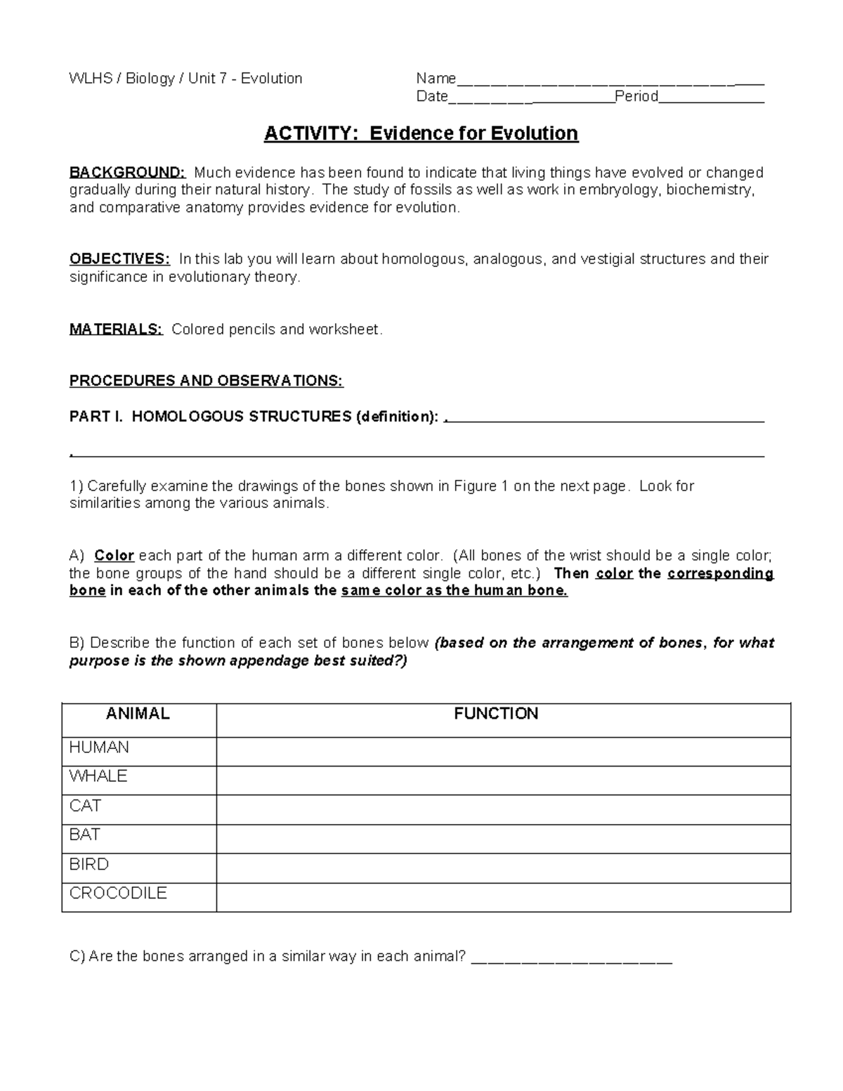WLHS Biology Unit 7 Activity: Evidence for Evolution Lab - Studocu