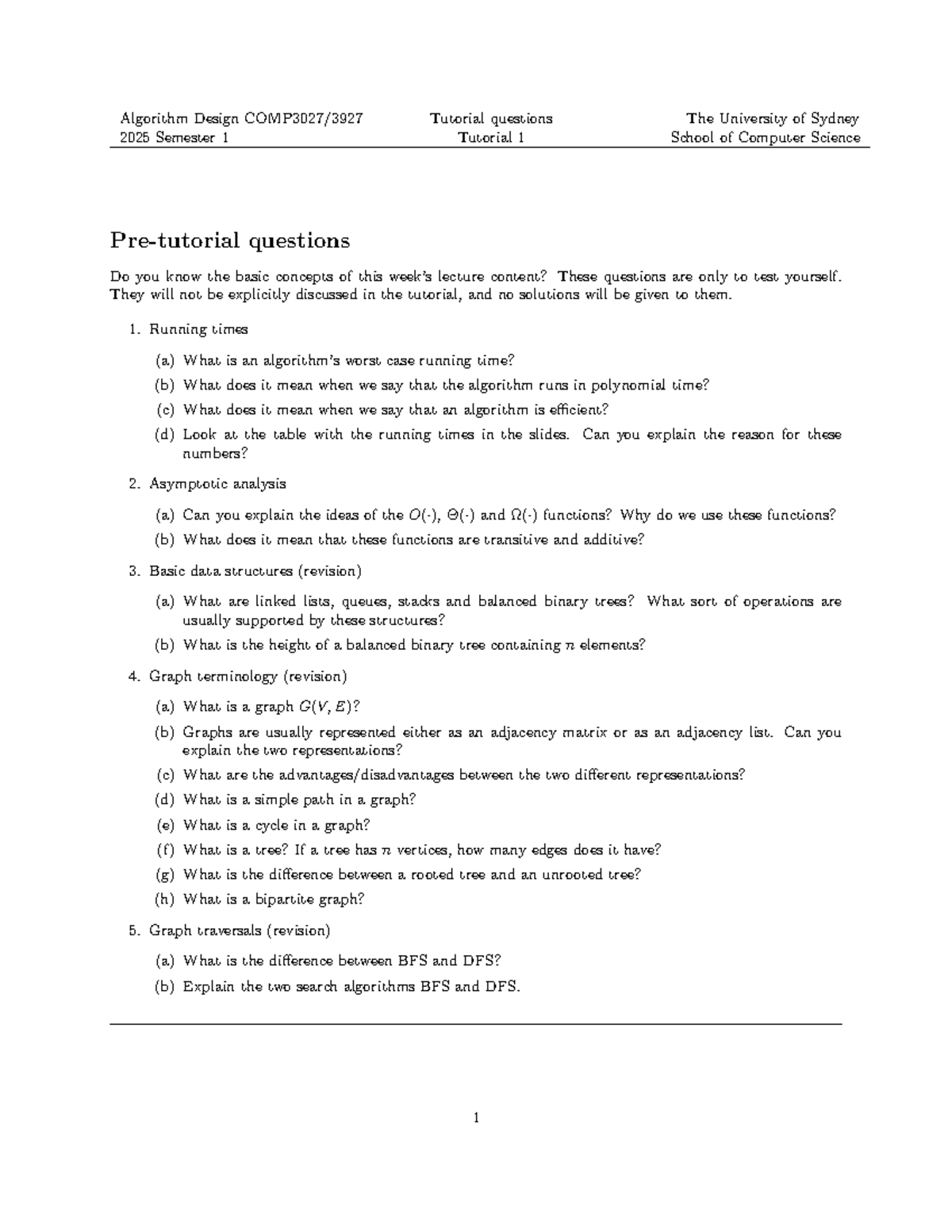 2. Week 1 - Tutorial - Analysis - Algorithm Design COMP3027/3927 ...