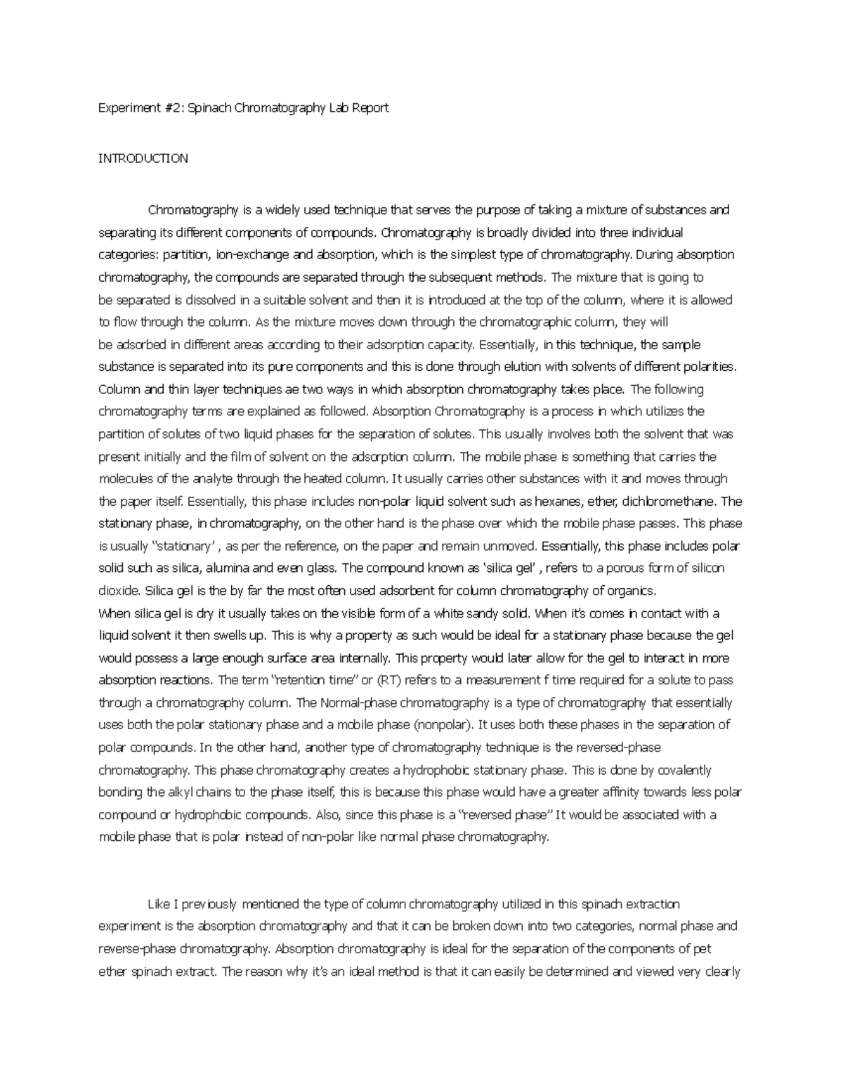 Spinach Extraction Lab Lecture - Experiment #2: Spinach Chromatography ...