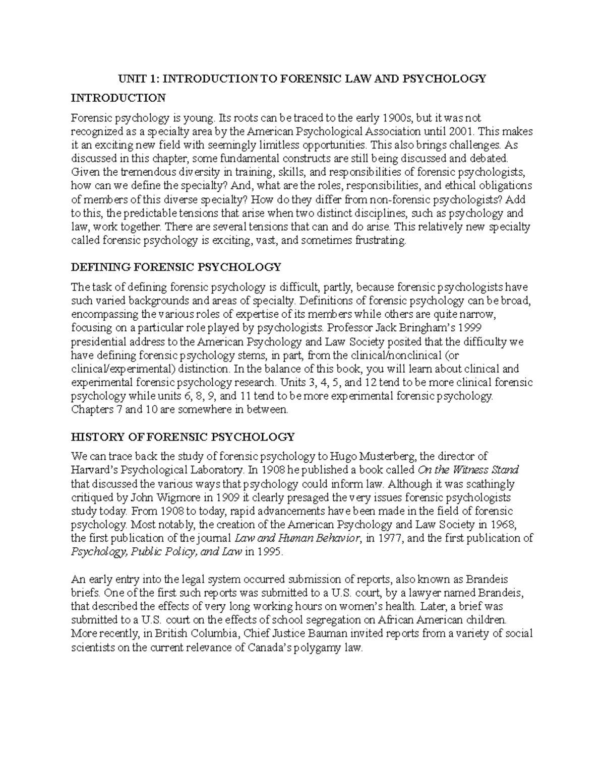 Forensic Psychology Overview - Unit 1 Lecture Notes - Studocu