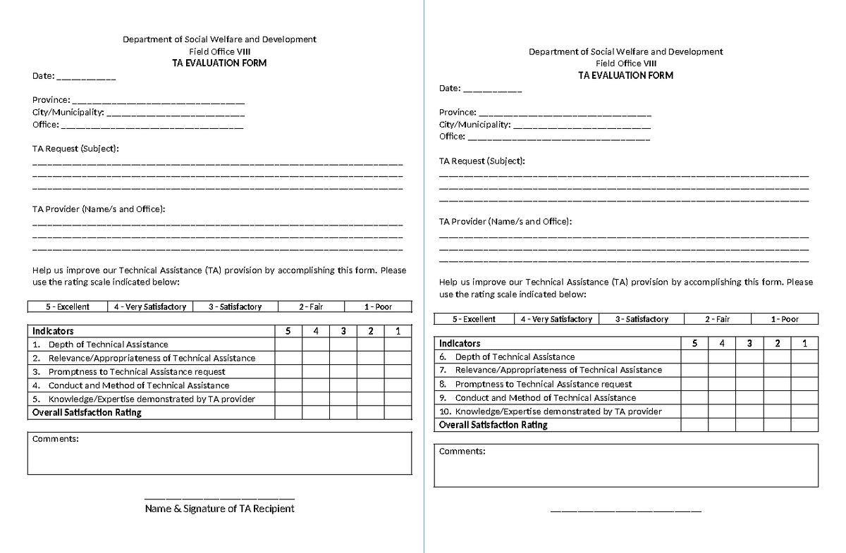 TA Evaluation Form - Department of Social Welfare and Development - Studocu