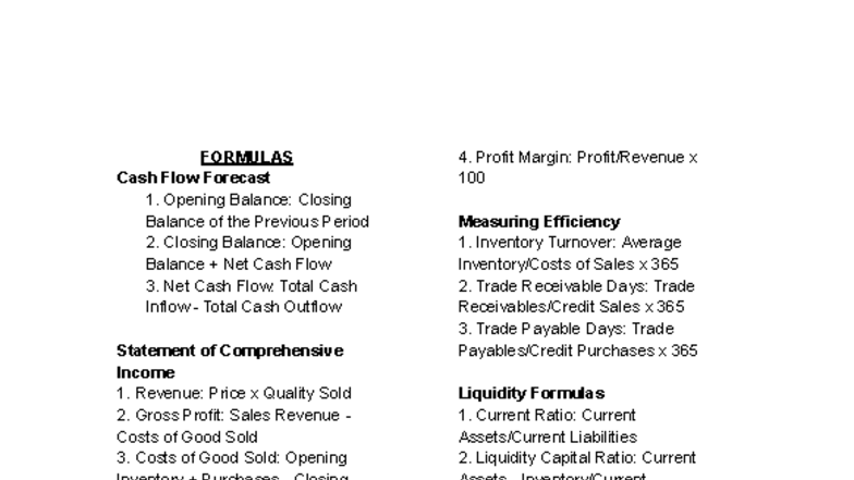 Business Formulas for Cash Flow & Financial Analysis (BUS 101) - Studocu