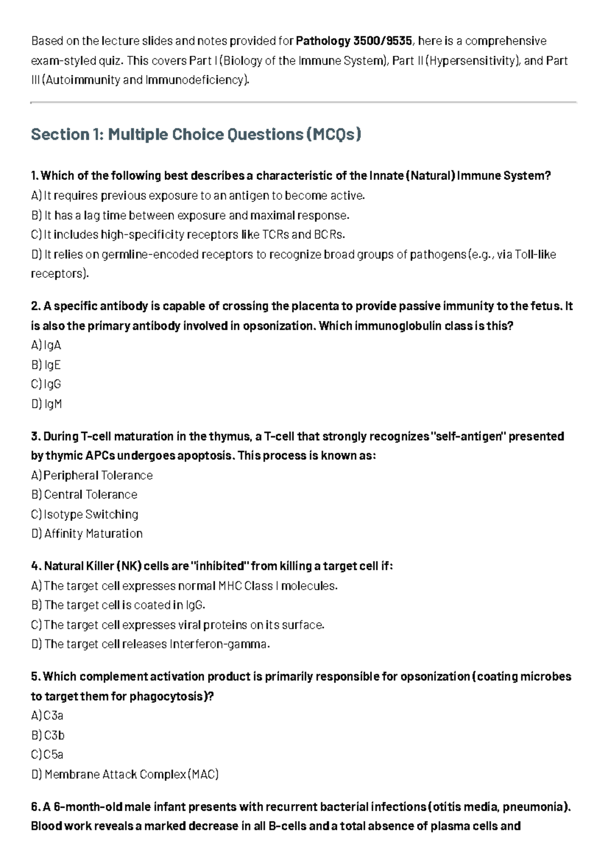Pathology Quiz (Part I-III) - Immune System & Hypersensitivity - Studocu