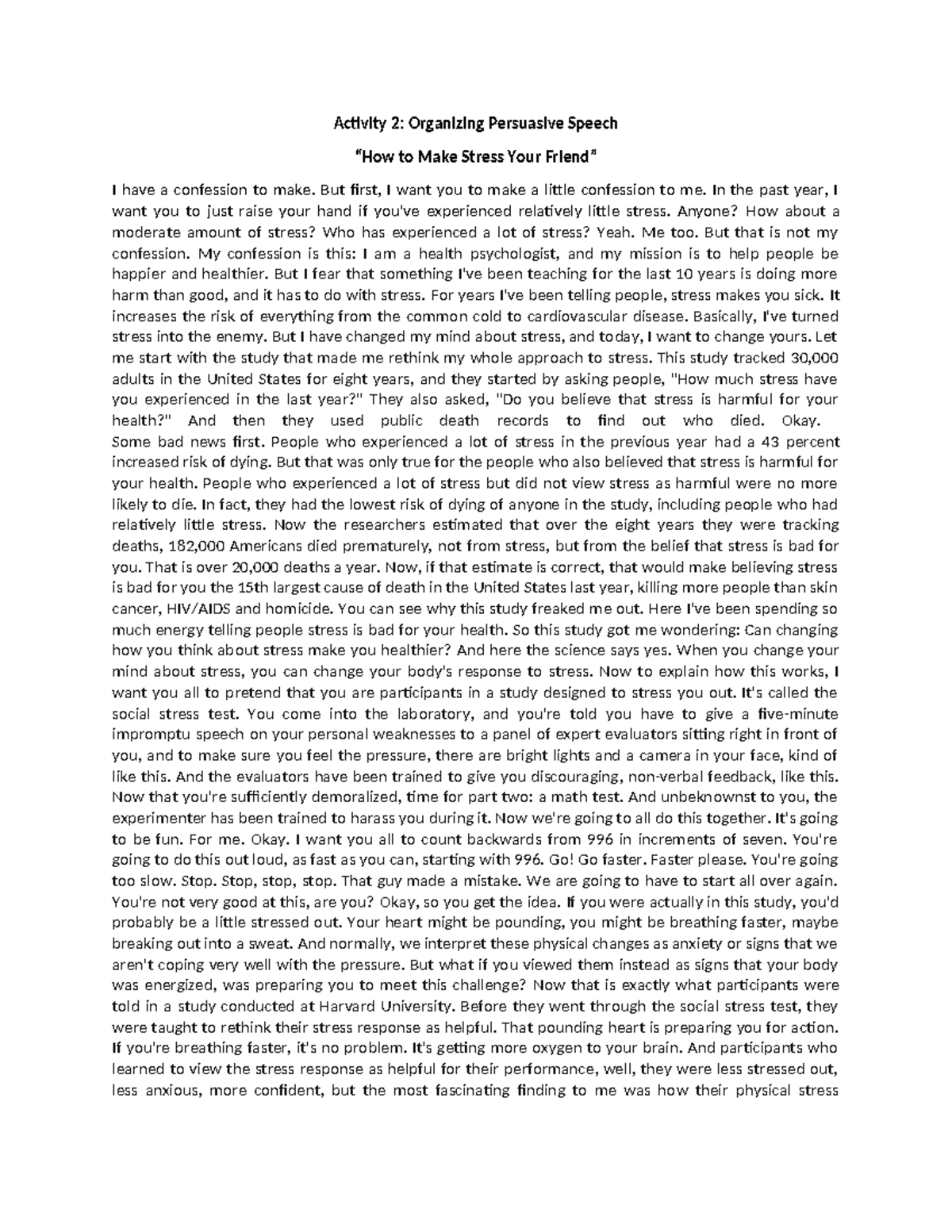 Act2 Persuasive Speech on Stress: Rethinking Its Impact & Benefits ...