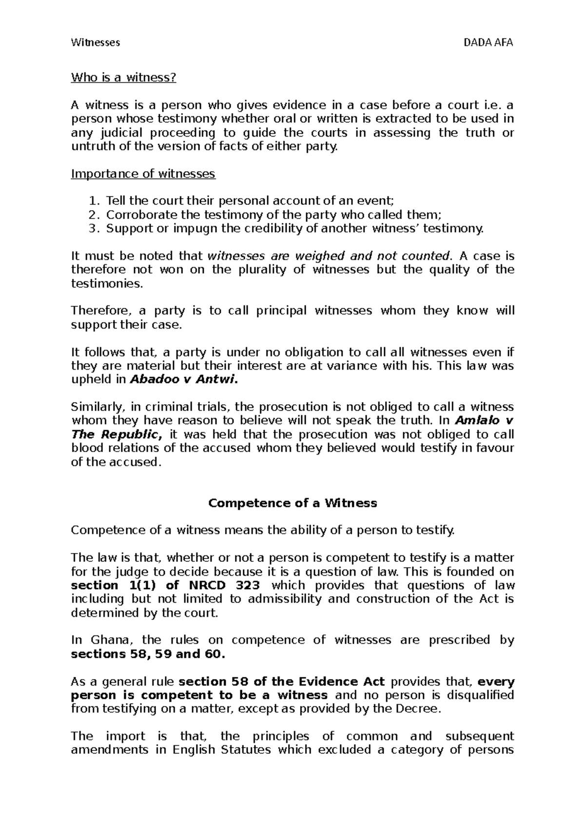 Ghanaian Law on Witnesses: Overview and Key Competencies Notes - Studocu