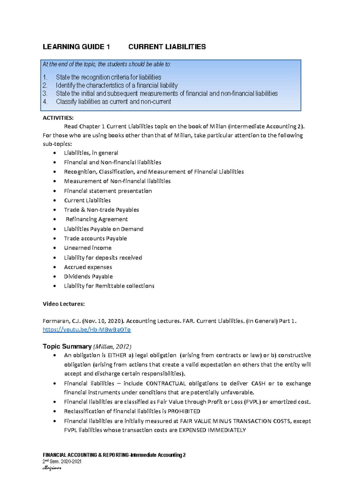 Learning Guide 1 Current Liabilities - FINANCIAL ACCOUNTING & REPORTING ...