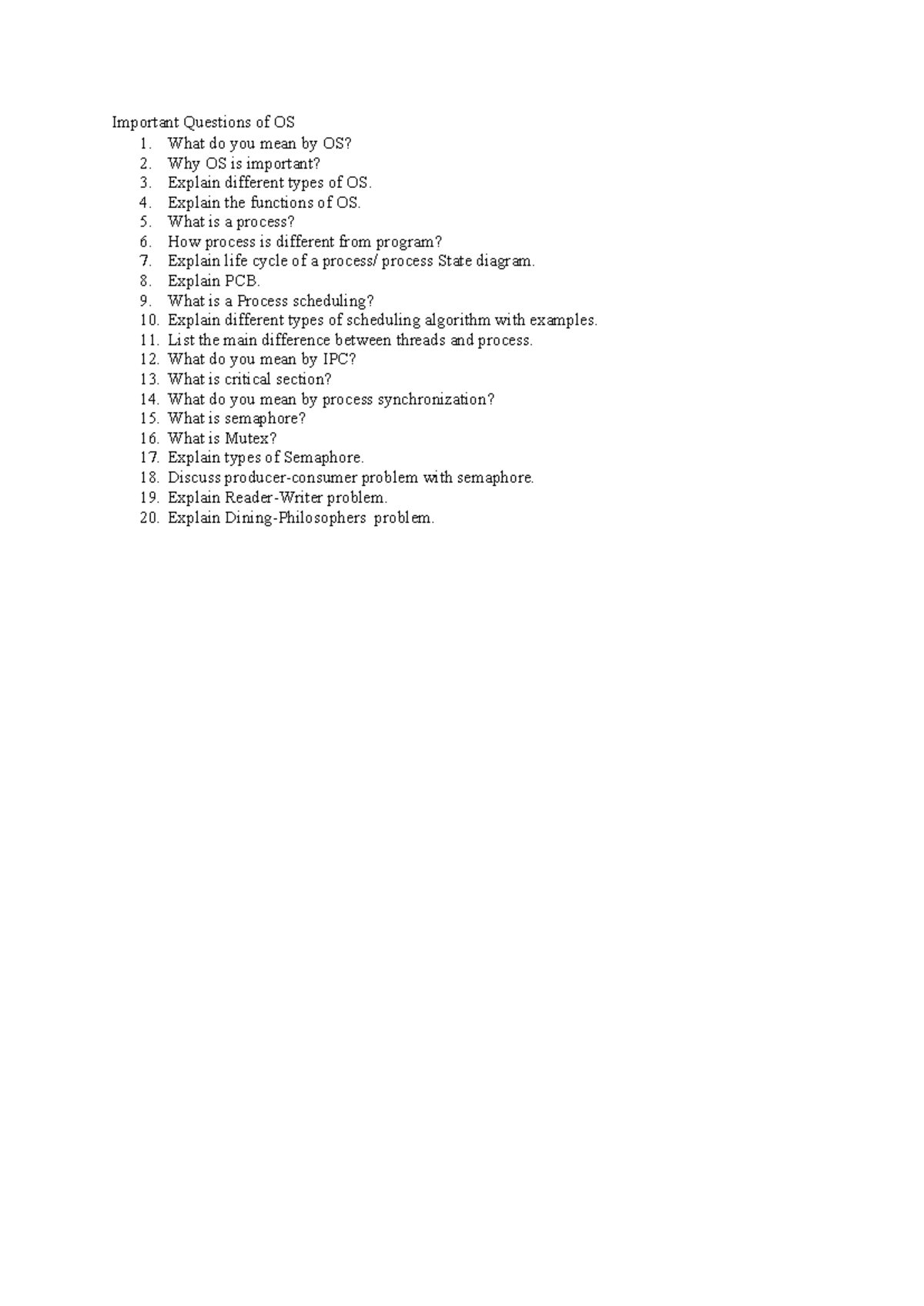 Important Questions of OS for 1st Internal Exam - Studocu