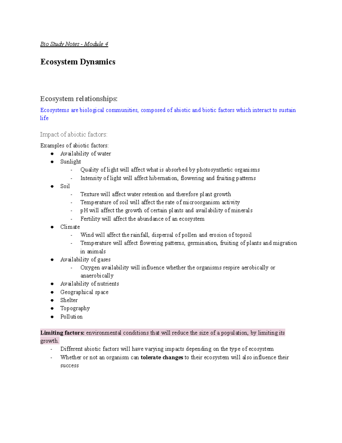 Bio Study Notes - Module 4: Ecosystem Dynamics and Relationships - Studocu