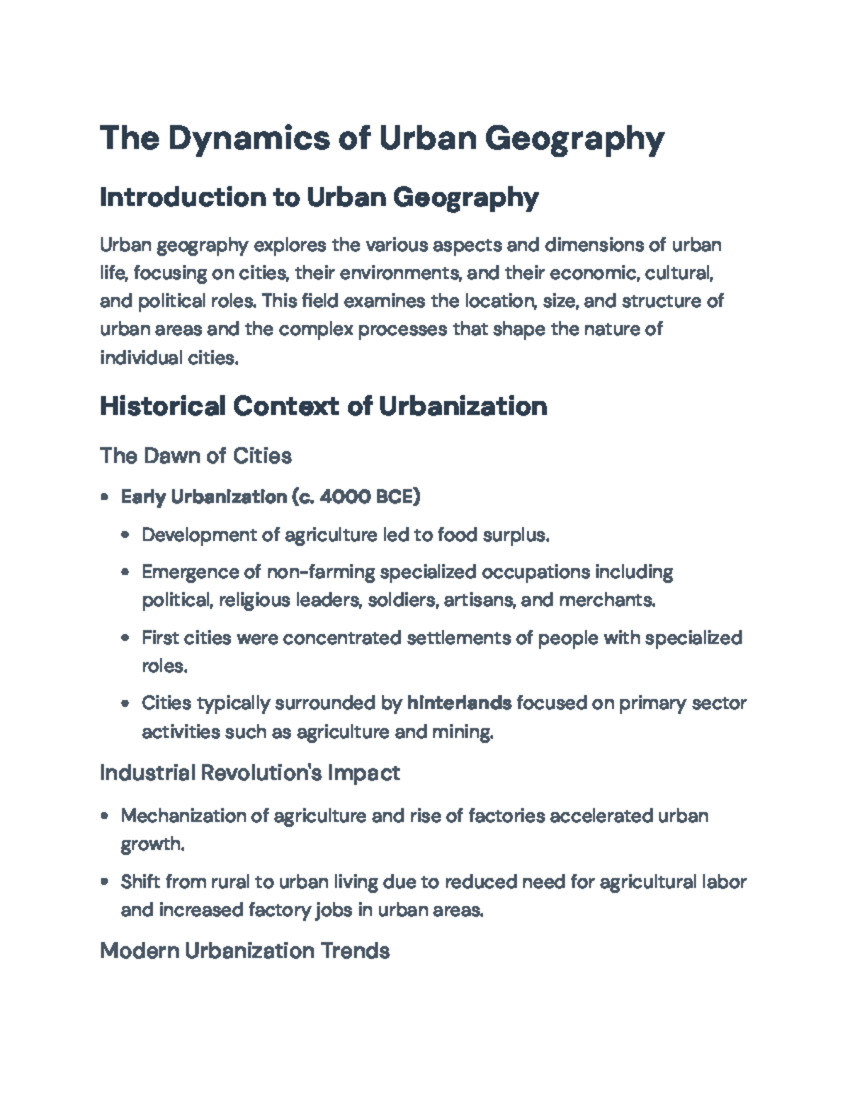 Urban Geography: Dynamics and Trends in Urbanization and Growth - Studocu