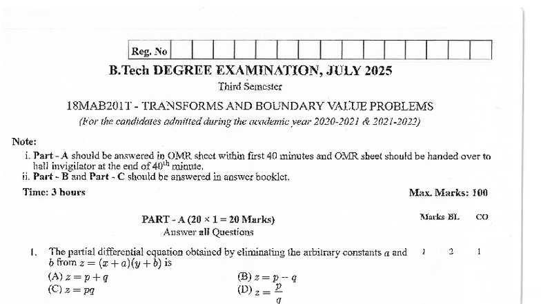 18MAB201T JULY 2025 - B.Tech 3rd Sem Exam: Transforms & Boundary Value ...
