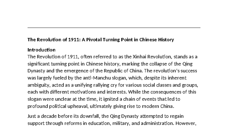 Revolution of 1911: Turning Point in Chinese History - Studocu