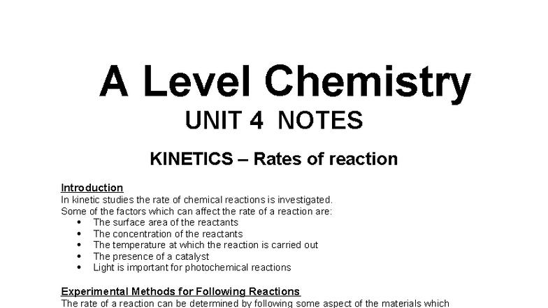 A Level Chemistry UNIT 4 NOTES: Kinetics and Reaction Rates - Studocu