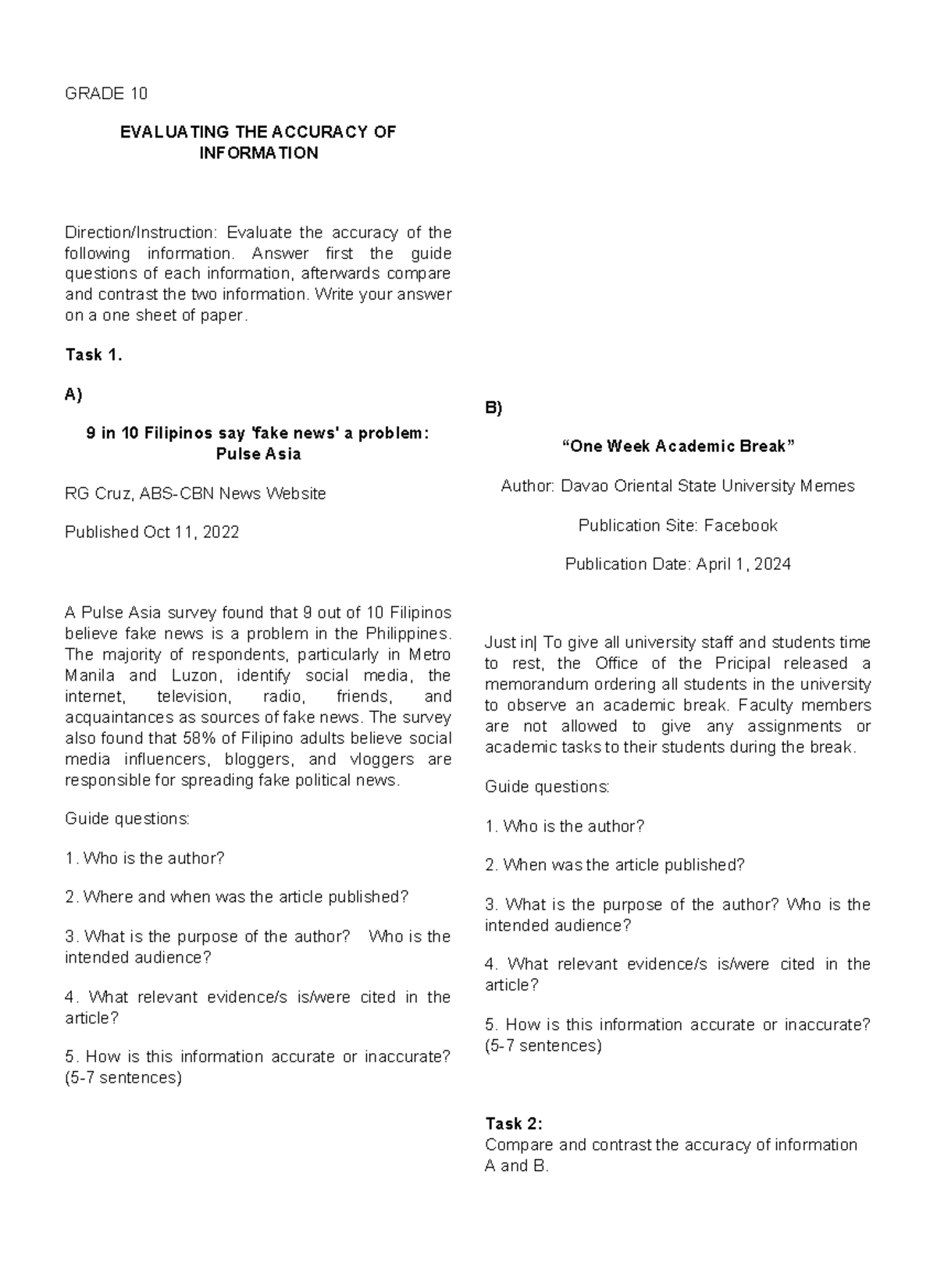 Grade 10 Final Activity: Evaluating Accuracy of Information (DLP) - Studocu
