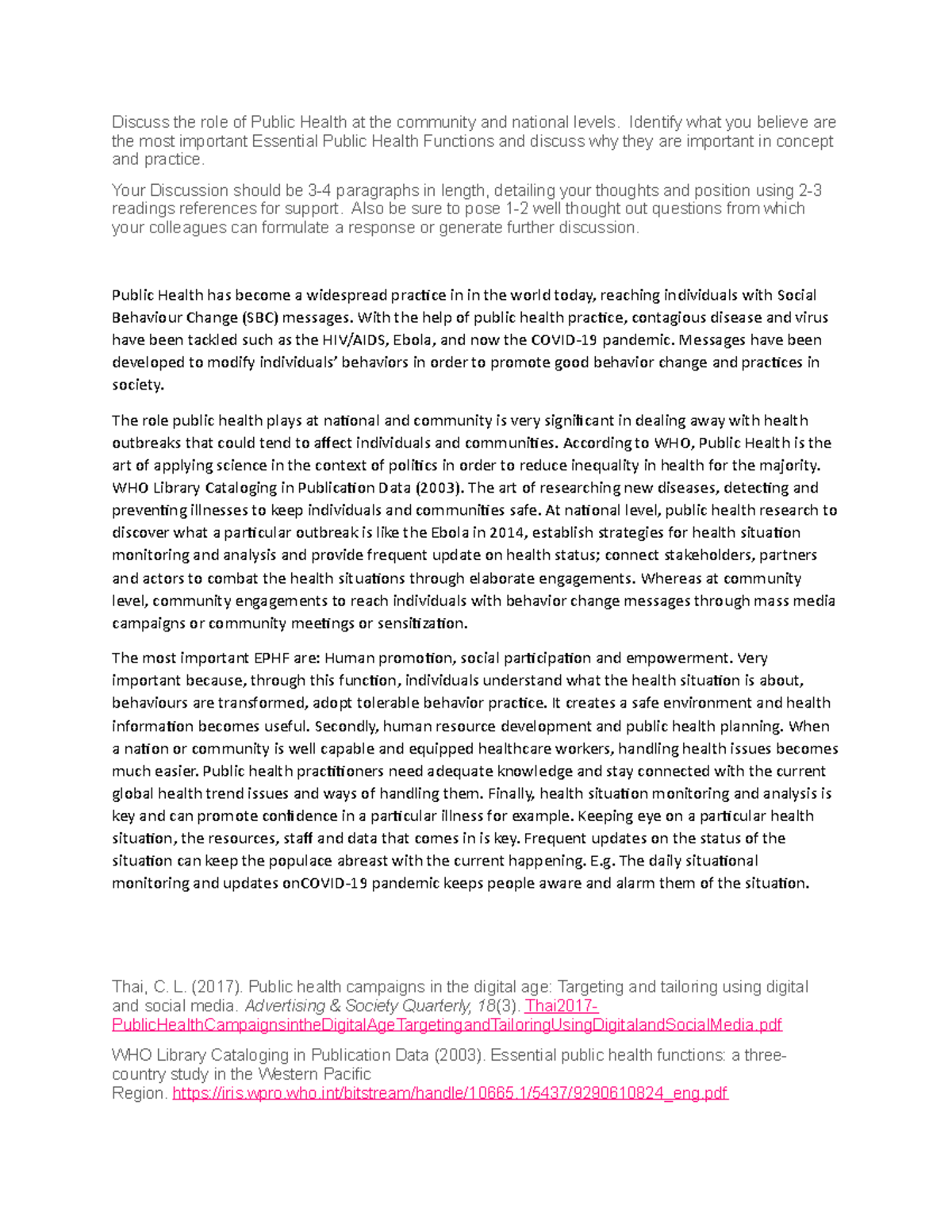 HS 2711 Discussion Assignment: Essential Public Health Functions ...