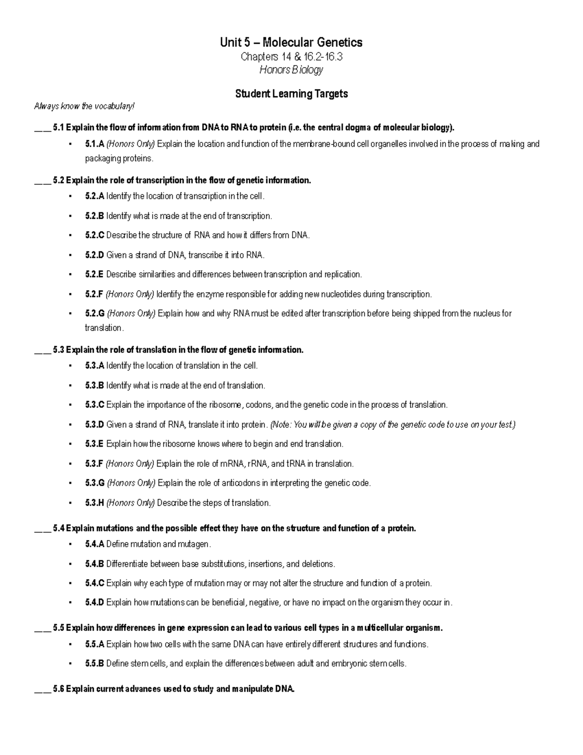 HB Unit 5: Molecular Genetics Learning Targets & Key Concepts - Studocu