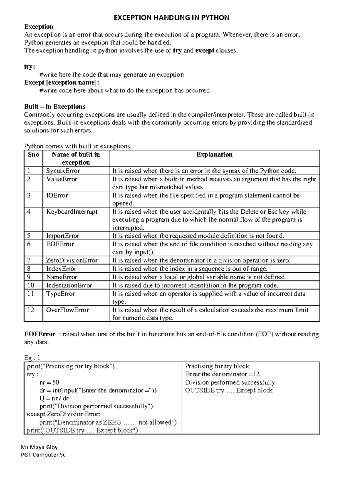 Exception Handling IN Python - Ms Maya Giby PGT Computer Sc EXCEPTION HANDLING IN PYTHON ...