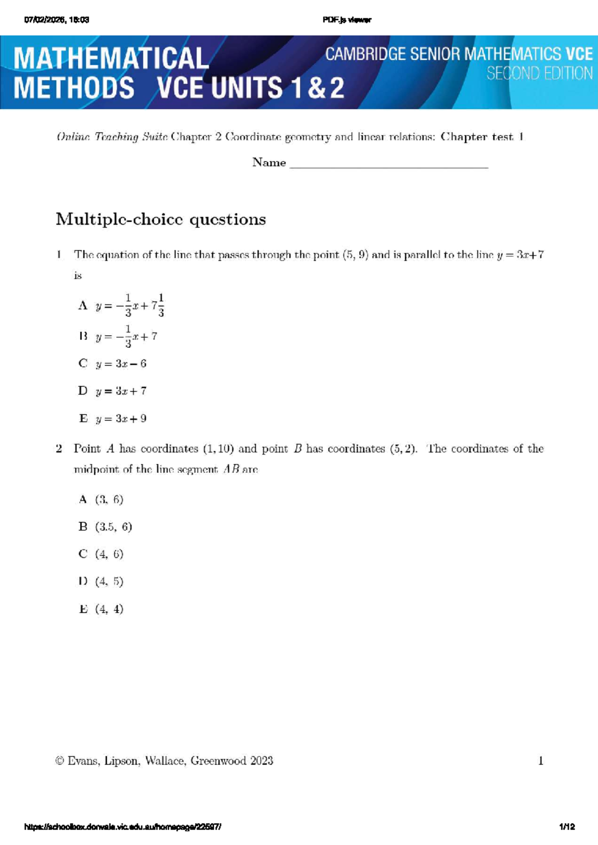 VCE Methods Chapter 2: Linear Relations Practice Test - Studocu