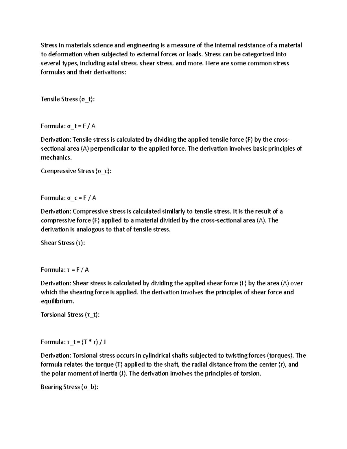 Stress Formula Derivations in Materials Science (ENG 201) - Studocu