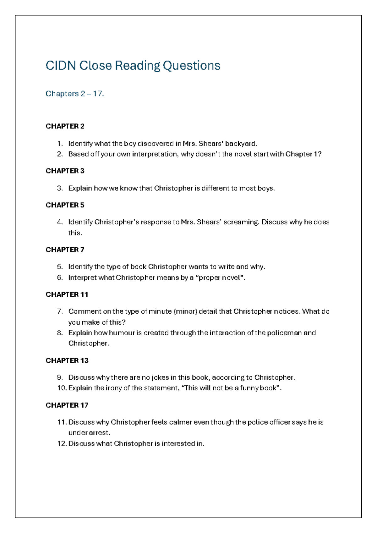 CIDN Close Reading Questions: The Curious Incident Ch. 2-17 - Studocu